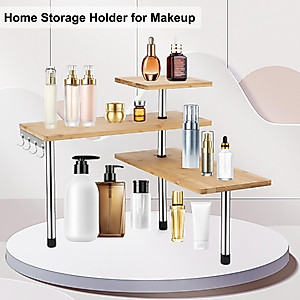 HYNAWIN 3 Tier Corner Shelf Bamboo & Metal Storage Spice Rack-Desk Bookshelf Display Shelves Space Saving Organizer -Adjustable Rack for Kitchen,Bedroom, Office-Creative Home Décor with Hooks