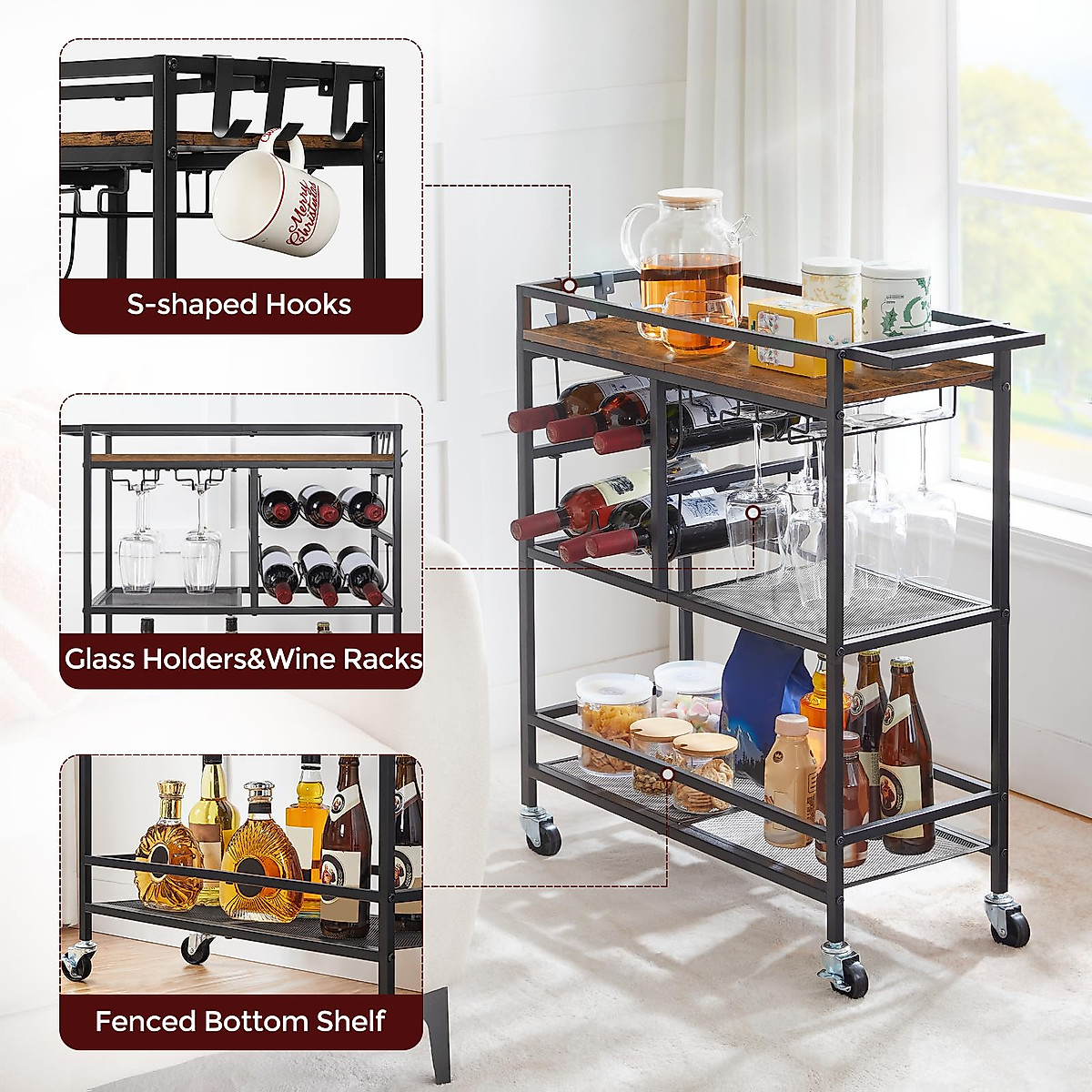 MAHANCRIS Bar Cart for Home, 3-Tier Serving Cart with Wheels and Handle, Beverage Cart with Wine Rack and Glass Holders, Rolling Wine Cart for Kitchen, Dining Room, Rustic Brown RCHR6101
