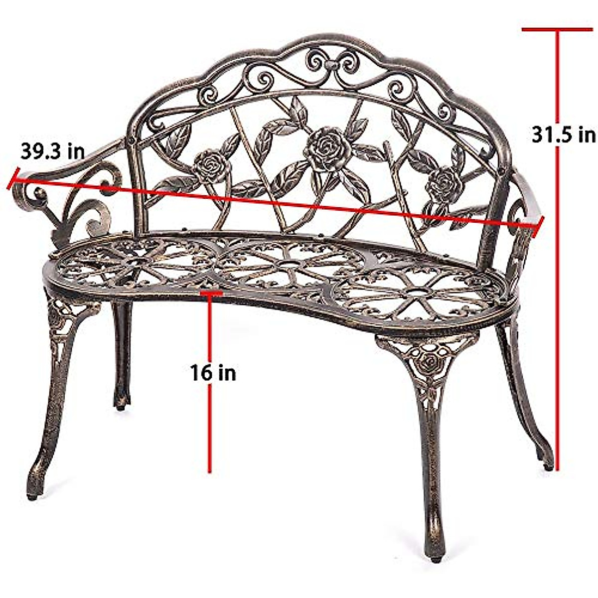 HGS Garden Bench Patio Benches Park Yard Outdoor Bench Furniture Cast Aluminum Rose Antique Metal Porch Path Bench Durable Lawn Bench, Bronze