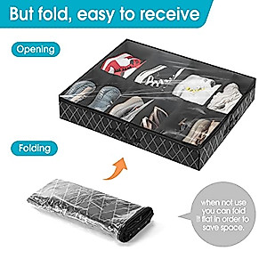 BAYUTE Under Bed Shoe Storage Organizer - 2 Pack Set with Zipper and Handle, Transparent Window, Foldable Non Woven Shoe Organizer (BLACK)