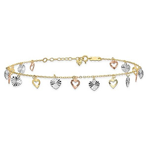 IceCarats 14K Tri Color Gold Heart Love 9 inch Anklet Summer Beach Foot Ankle Bracelet