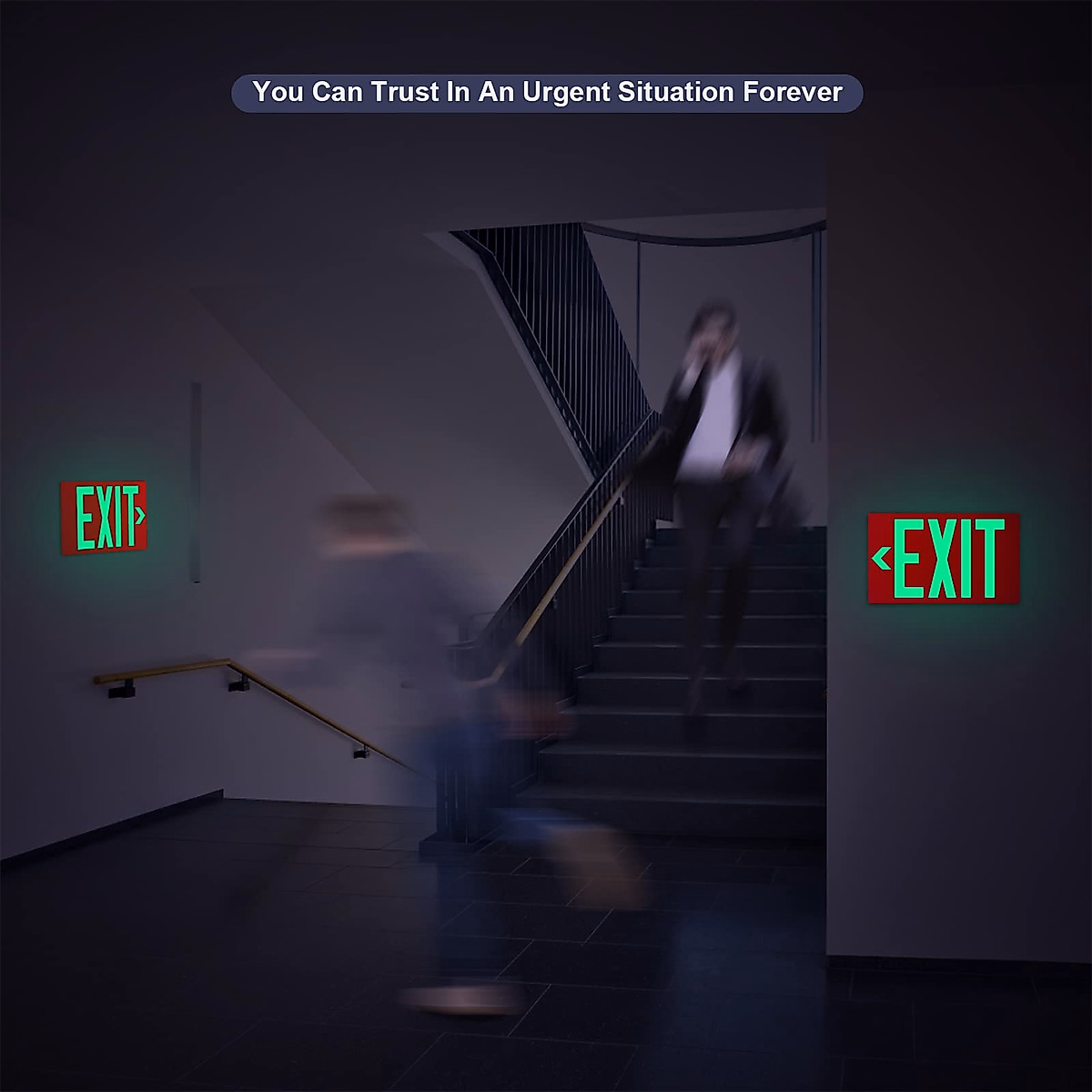 Photoluminescent Exit Sign Aluminum - Adhesive Backing Glow In The Dark - Removable Arrows Included - 12x7 Inches - Non Electrical Red Exit Light For 50 Feet Visibility (1 Pack)