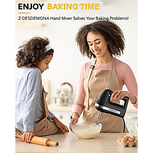 Z-DESDEMONA Electric Hand Mixer, Powerful 300W Hand Mixer Electric Handheld with 304 Beaters, Dough Hook,Hand Held Mixer with Turbo for Baking Cakes, Eggs, Cream Food(Black)