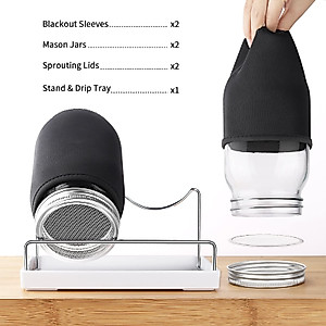 SBMKK Seed Sprouting Jar Kit - 2 Wide Mouth Mason Jars with 316 Stainless Steel Sprouting Lids Covers, Drip Tray and Stand for Growing Broccoli Alfalfa Beans Sprout (Two Jars)