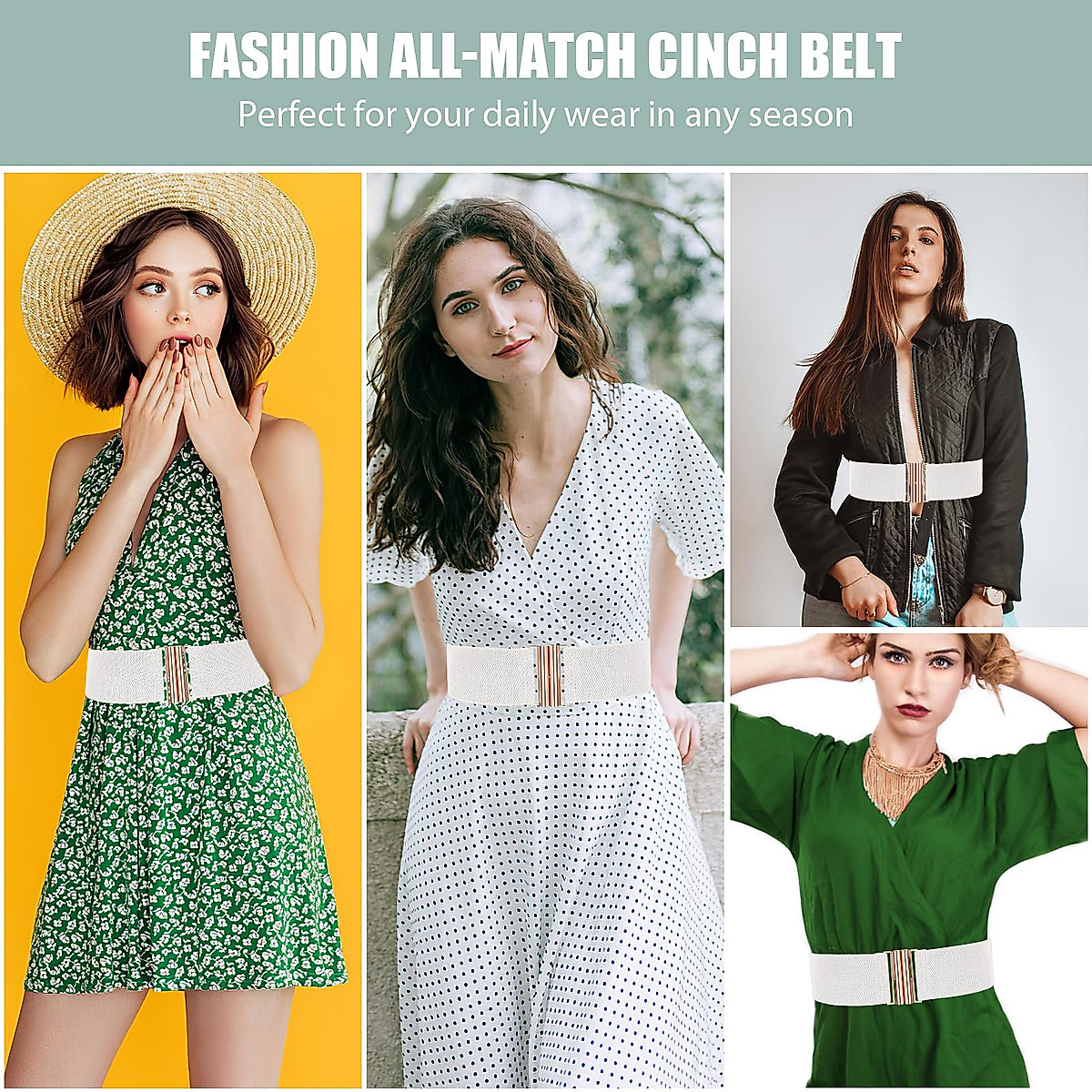 Andibro Wide Elastic Belt for Women, Stretch Waist Belt Ladies Dress Buckle Belt Vintage Cinch Belt Adjustable Waistband (White)