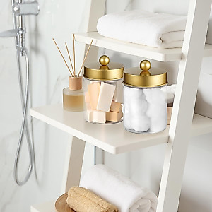 Komashr 3PC Farmhouse Decor Qtip Holder Apothecary Jars Bathroom Vanity Storage Organizer -Countertop Canister Plastic Container &Cute Stickers for Cotton Swab, Ball,Pad,Floss,Paper Clips (Gold)