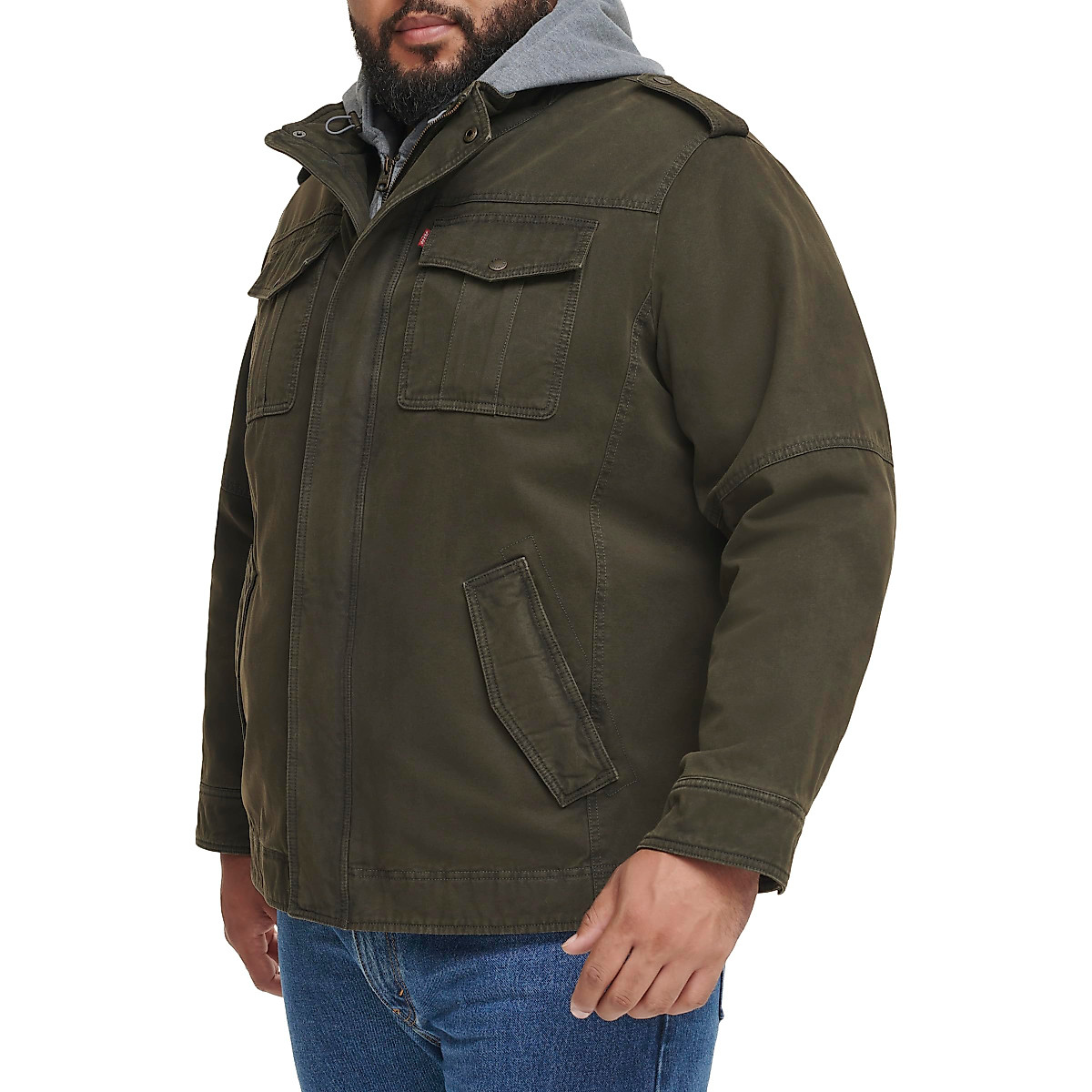 Levi's Men's Washed Cotton Hooded Military Jacket (Regular & Big & Tall Sizes), Olive/Sherpa Lined, 3X