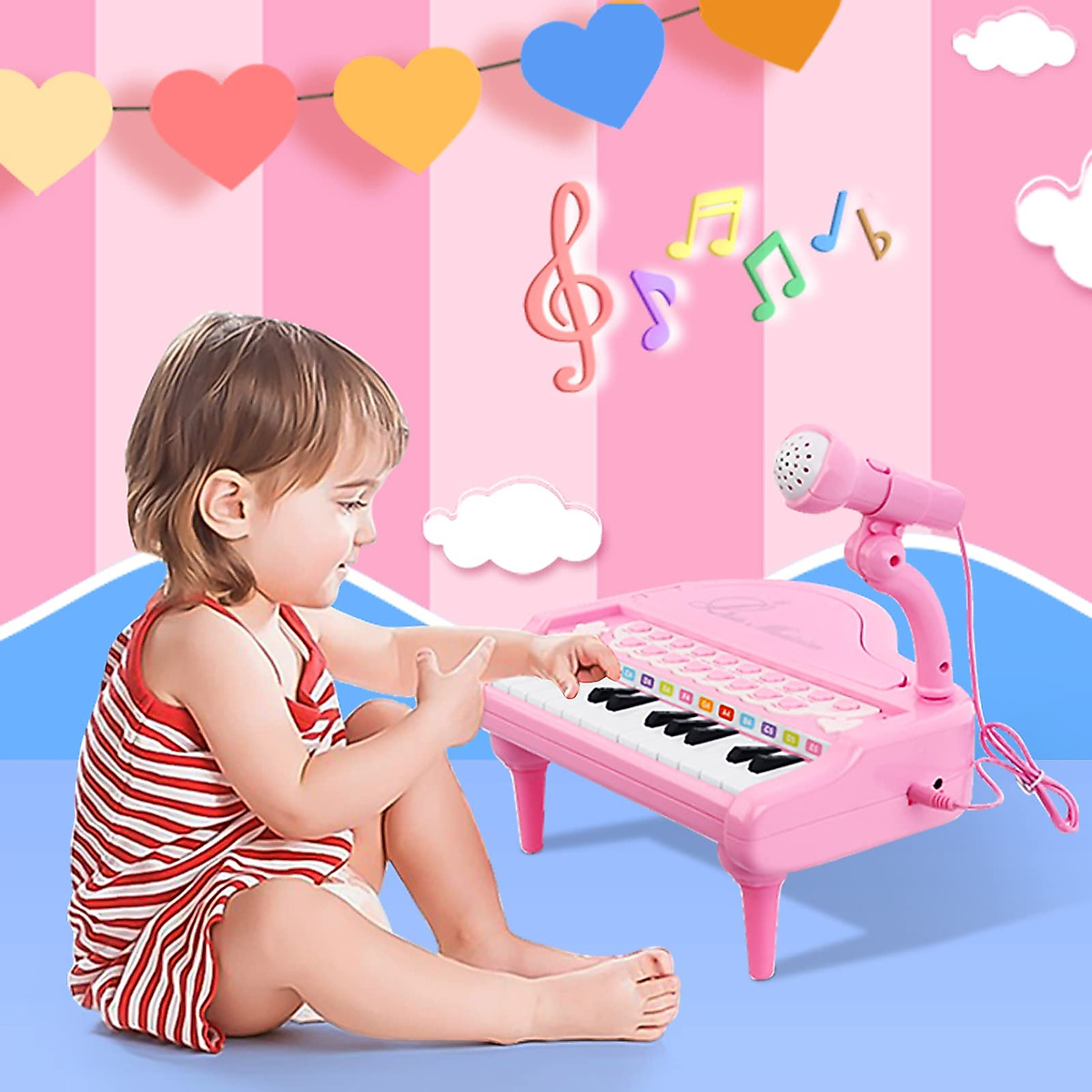 Love&Mini Pink Piano Toys for 1+Years Old Girls First Birthday Gifts Toddler Piano Music Toy Instruments with 24 Keys and Microphone