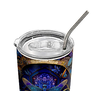 20oz Blue Stained Glass Mosaic Crystal Dragonfly Tumbler, Gifts for Dragonfly Lovers, Coffee Thermos for Women, Stainless Steel Double Wall Vacuum Insulated Coffee Mug, Travel Cup with Lid - D