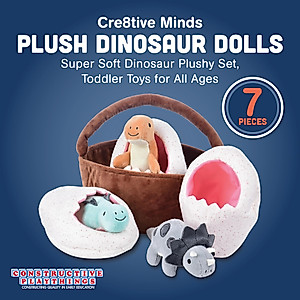 Cre8tive Minds Basket of Baby Dinosaur Plush Dolls, Super Soft Dinosaur Plushy Set, 7-Piece Toddler Toys for All Ages, Includes 3 Dinos, Dino Eggs, and Basket (MTC-1017)