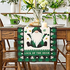 St Patricks Day Table Runner Lucky Clover Shamrocks Table Runners 72 Inches Long, Buffalo Plaid Gnome Burlap Holiday Kitchen Dining Table Decor for Home Party (Gnome Table Runner, 13" x 72")