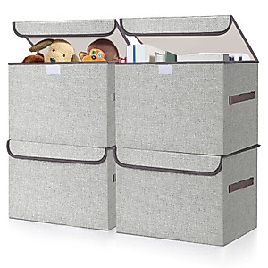 Bagnizer Large 22 Quart Linen Fabric Foldable Storage Bin Cube Organizer Basket with Flip-Top Lid & Handles, Large Clothes Blanket Box for Home, Office, Closet, 4 Pack 14.6 x 9.5 x 9.5”