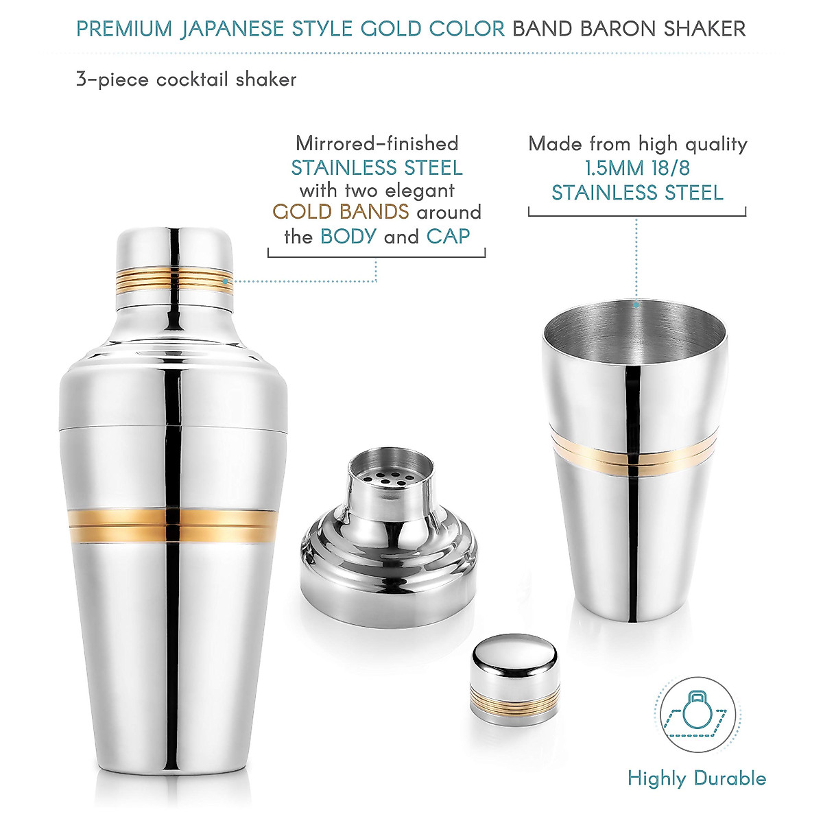 VinoBravo Cocktail Shaker Set for Home Bars and Professionals, Include Martini Shaker 17oz, Double Jigger, Mixing Spoon and Fine Mesh Strainer - Premium 18/8 Stainless Steel