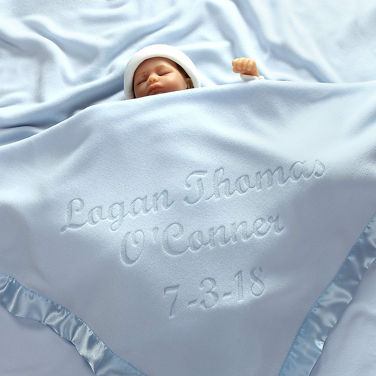 Custom Catch Personalized Baby Blanket, Pink or Blue, Boy or Girl Unisex Gift for Newborn or Infant (Multi-line Text)
