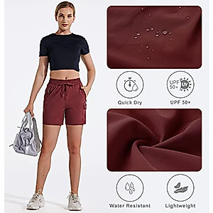 MASKERT Women's Hiking Cargo Shorts Quick Dry Athletic Golf Shorts 5 Inches Lightweight Running Summer Casual Shorts with Pockets, Ruby Wine L