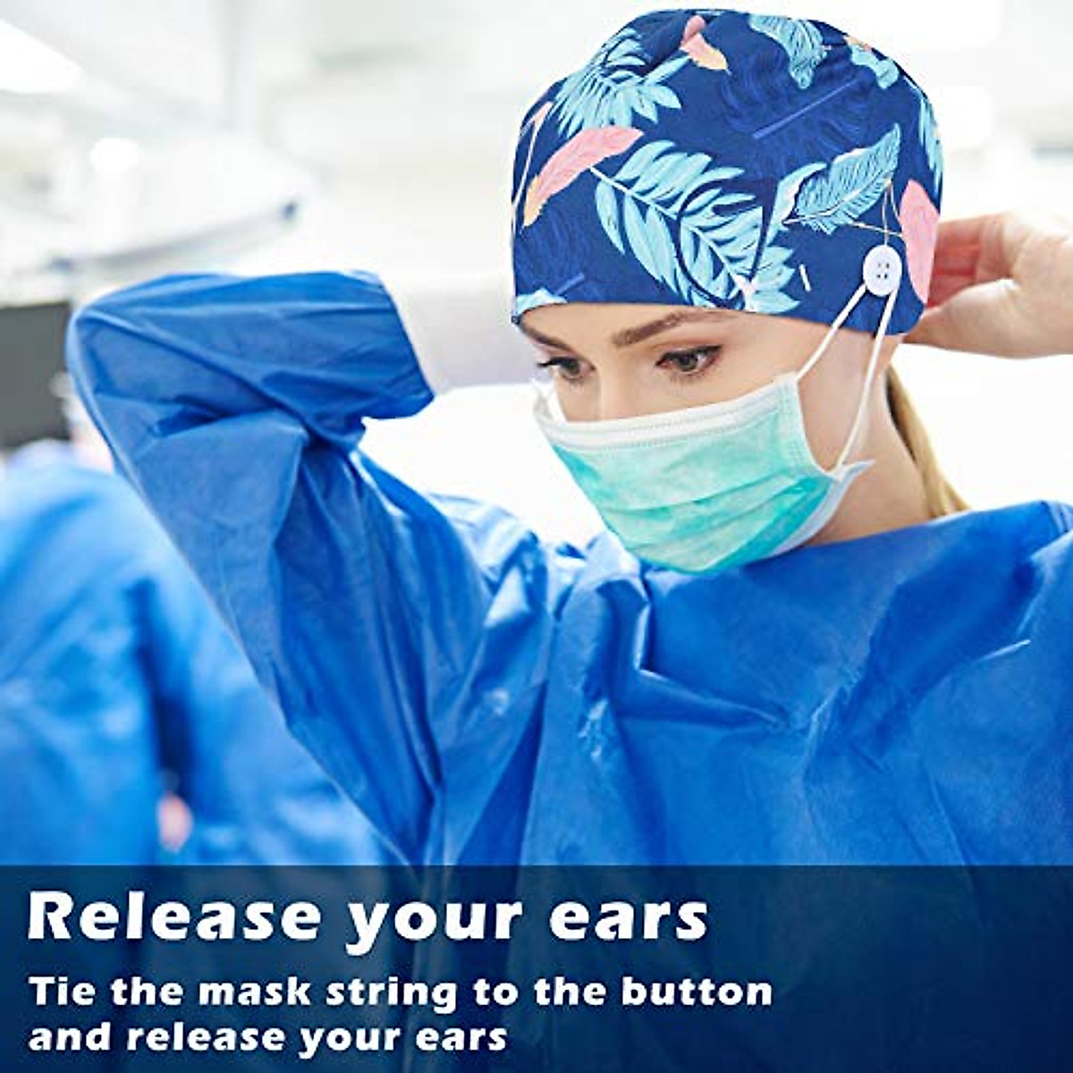 6 Pcs Scrub Caps Women Nursing Hats with Buttons Adjustable Bouffant Nurse Hats Ponytail Holder Bouffant Turban Hats (Fresh Patterns)