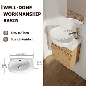 16 inch Floating Bathroom Vanity with Round Single Ceramic Sink, Wall Mounted Bathroom Cabinet with Soft Closing Door Bathroom Vanity and Sink Combo, for Small Space