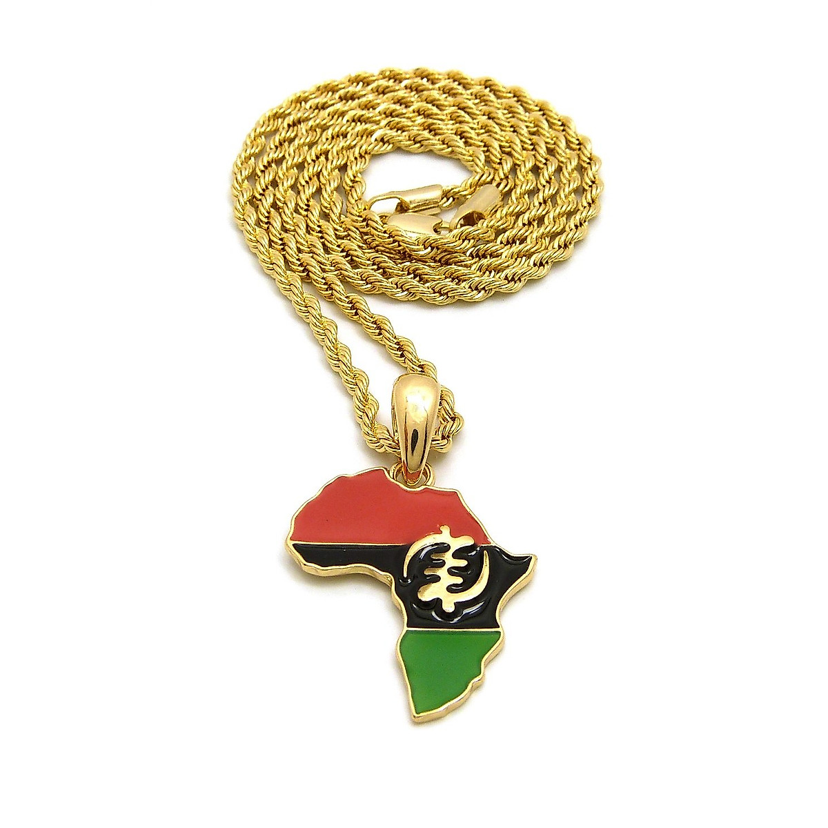 NYFASHION101 Adinkra Symbol Gye Nyame on Pan Africa Pendant with 2mm 24" Rope Chain Necklace, Gold-Tone