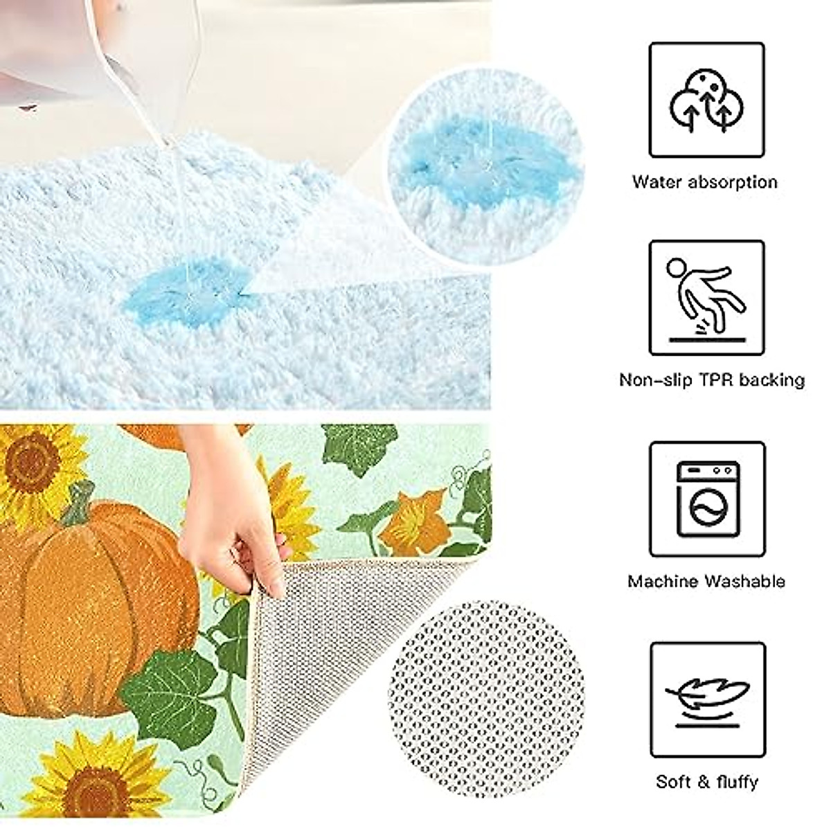 Lotupokon Sunflowers Orange Pumpkins Bathroom Rug Mat Soft Absorbent Bathroom Rugs Mats Non Slip Bath Mats Rugs Machine Wash Bath Mat Rug Set for Bathroom Door Mat Tub, Rectangle Shower Rug