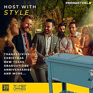 Permasteel 80-Qt Antique Patio Cooler for Outside | Outdoor Beverage Cooler Bar Cart, Rolling Cooler with Wheels and Handles, Wooden Teak Accent, Teal Blue-Green