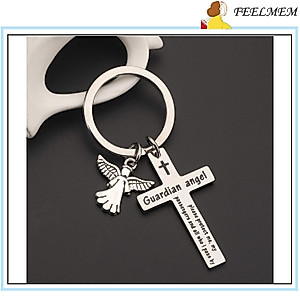 FEELMEM Guardian Angel Prayer Cross Keychain Guardian Angel Protect Me My Passengers By Safe Drive Safe Trip Travel Safely Keyring Motorist Prayer Gift (silver)
