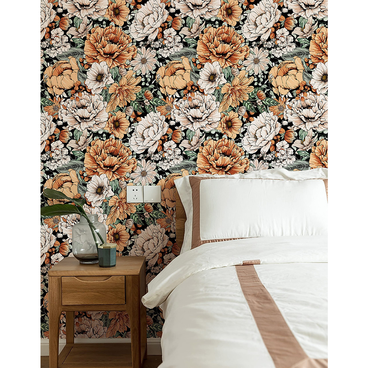 HAOKHOME 93191 Vintage Peel and Stick Floral Wallpaper Removable Large Peony Black/Orange/Pink Vinyl Self Adhesive Mural 17.7in x 9.8ft