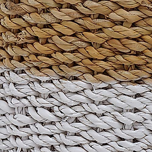 Plastic Lined Seagrass Baskets, Set of 3, Paint Dipped in Coastal White, Chunky Weave, Rustic, Natural, Barrel Belly, Top Handles, 10.25, 11, and 12.25 Inches T
