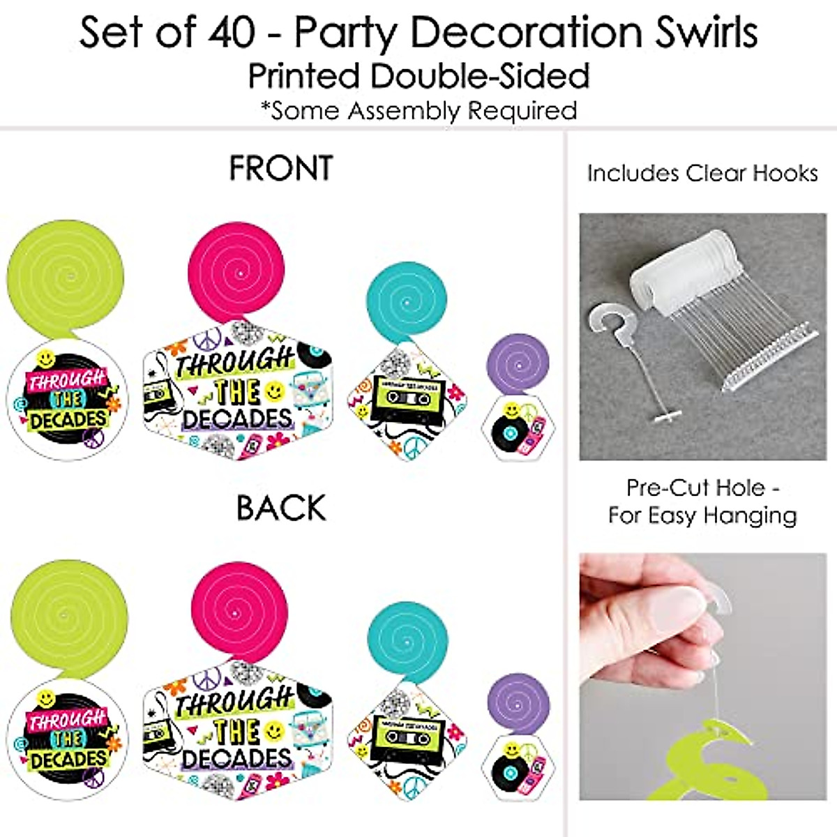 Big Dot of Happiness Through the Decades - 50s, 60s, 70s, 80s, and 90s Party Hanging Decor - Party Decoration Swirls - Set of 40
