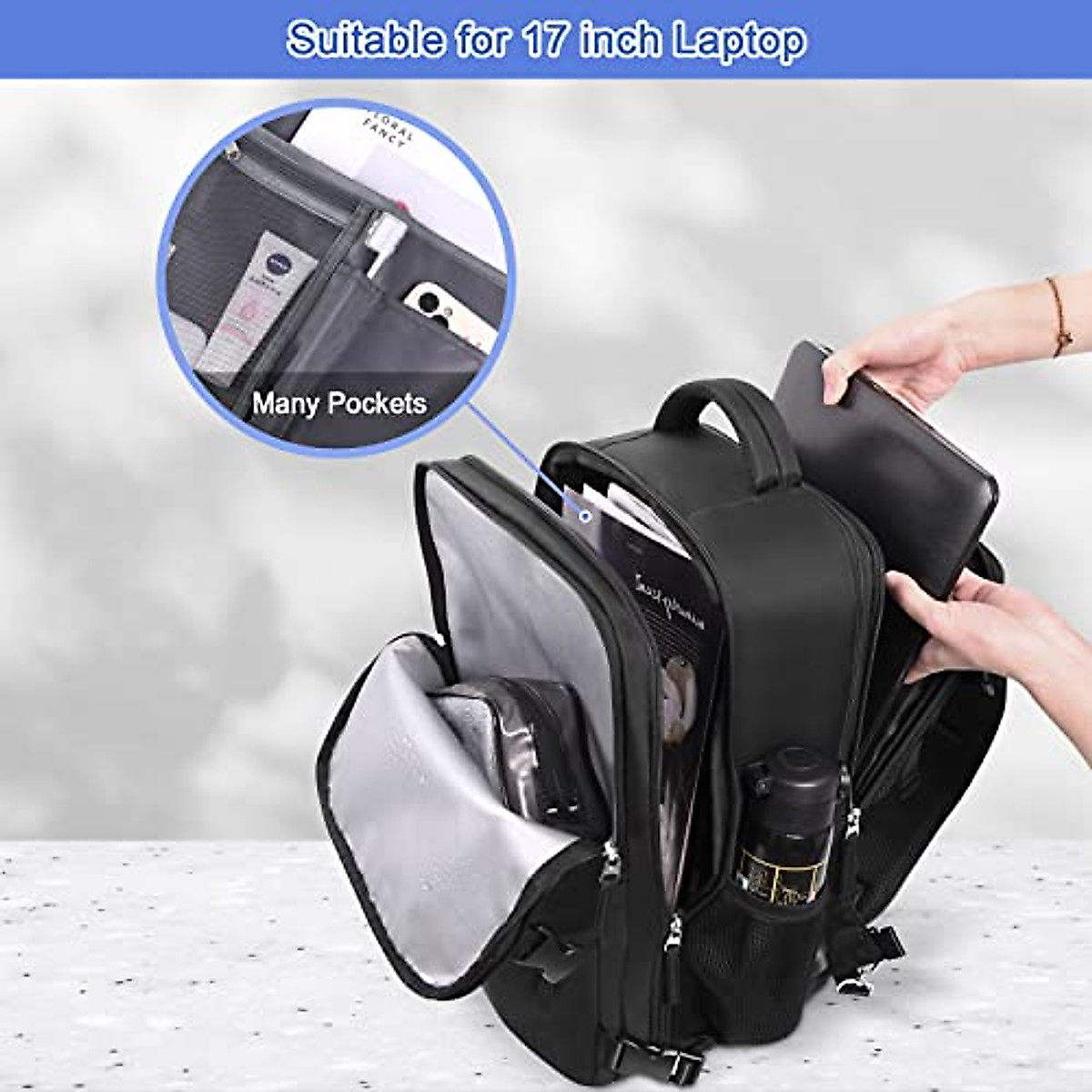 Sinaliy Large Travel Backpack (Black+Purple), 40L Carry On Backpack, 17 Inch Laptop Backpack, Waterproof Backpack, College Bookbag, Laptop Backpack, Backpack for Women, as Person Item Flight Approved