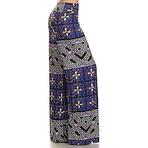 Women's High Waist Full Length Wide Leg Palazzo Pants with Fold Over Waist Band (Large, Floral Patchwork)