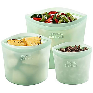 Reusable Silicone Storage Bags for Food, 100% BPA Free Reusable Meal Prep Containers|Dishwasher Safe &Freezer Silicone Snack Bowl|Leak-proof Oven, Microwave Food Saver| Lunch,Travel, Makeup Bag(3-Pack)