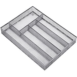 Neudeco Silverware Drawer Organizer Holder, Cutlery Tray Silverware Flatware Storage Divider for Kitchen, Bedroom, Living Room,Mesh Wire with Non-slip foam Feet, 5 Compoment（ Silver）