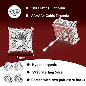 18K White Gold Plated Sterling Silver Princess Cut Cubic Zirconia Stud Earrings Square Simulated Diamond CZ Stud Earrings for Women Men Hypoallergenic (8MM, White Gold)