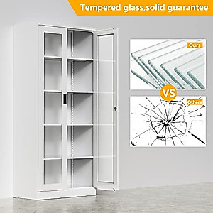 LISSIMO Tall Bookcase Storage Cabinet with Tempered Glass Door,Metal Glass Display Cabinet with 4 Adjustable Shelves,5-Tier Curio Cabinet for Home, Study, Living Room and Office (White)