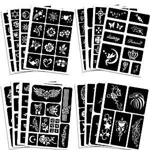 Qpout Tattoo Stencils For Kids Adults, 16 Sheets Henna Tattoo Stencil Kit, Small and Big Tattoo Stencils Designs, Tattoo Stencils for Real Tattoos, Skeleton Spider Owl Flower Butterfly Tribal Totem