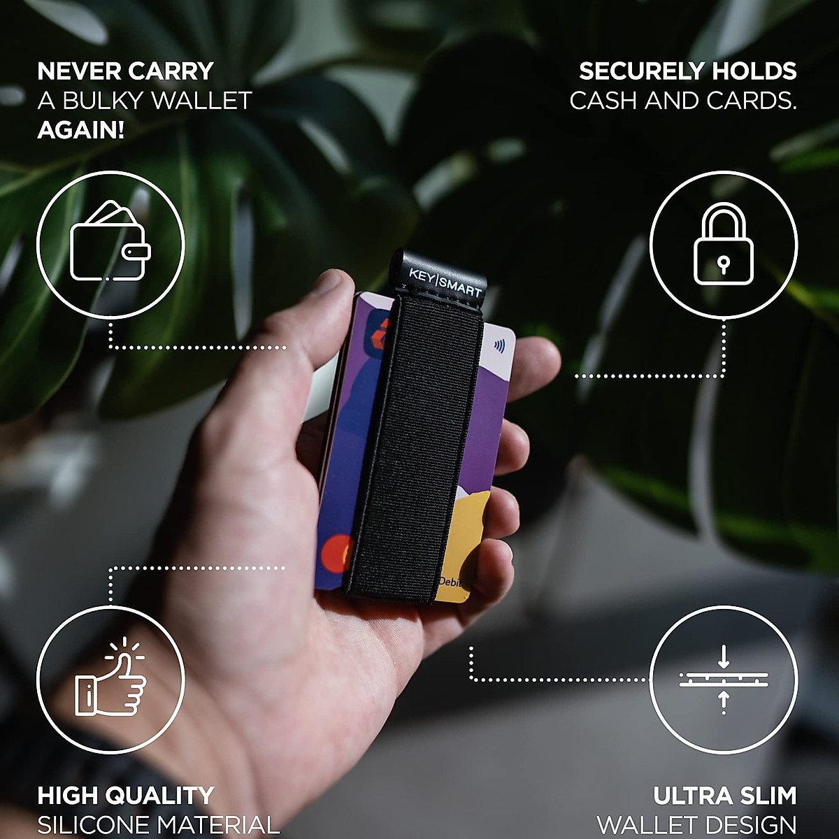 KeySmart - Elastic Wallet band to Keep Your Cards and Money More Secured - Stretchable and Minimalist Money Band for Men and Women - Rubber band Wallet for Cards, License, Cash (Black)