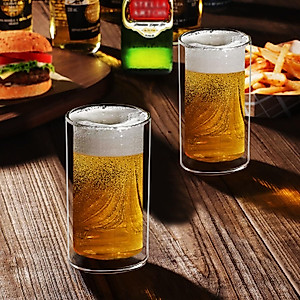 Sun's Tea 13oz Ultra Clear Strong Double Wall Thermal Insulated Highball Drinking Glasses for Beer, Coffee, Juice, Smoothie, Mojito, Soda, Milk and Mixed Beverages, Set of 2 (real glass, not-plastic)