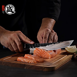 MITSUMOTO SAKARI 8 inch Japanese Kiritsuke Chef Knife, Hand Forged VG-10 Damascus Kitchen Knife, Professional Meat Sushi Chef’s Knife (Blue Resin Handle & Sandalwood Box)