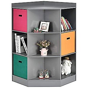 Costzon 9-Cubby Kids Bookcase with Extra Large Storage Baskets, Multi-Bin Children's Organizer Shelf with 6 Cubes and 3 Shelves, Wooden Storage Sideboard Suitable for Playroom, Decor Room (Gray)