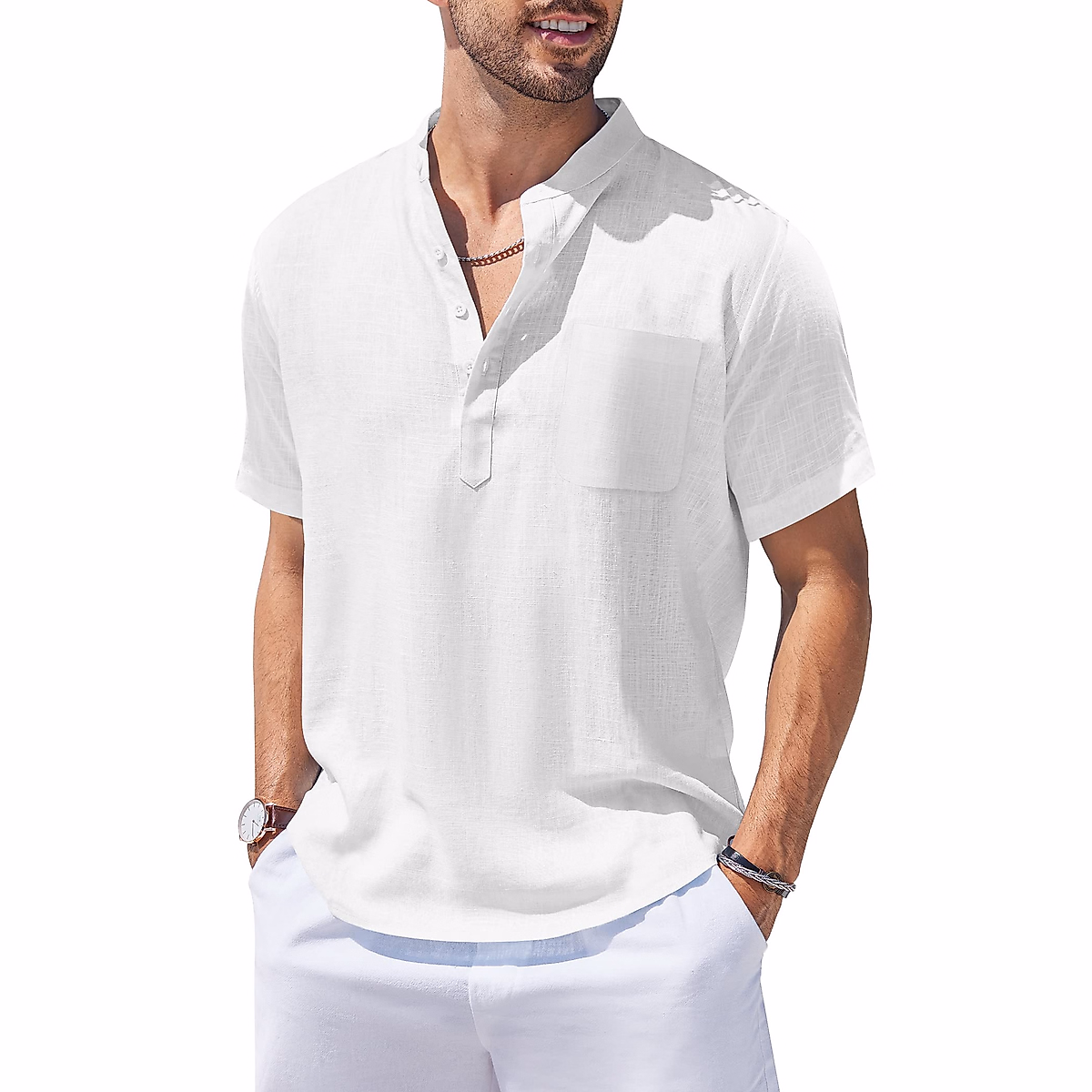COOFANDY Men's Cotton Linen Henley Shirt Short Sleeve Hippie Casual Beach T Shirts with Pocket