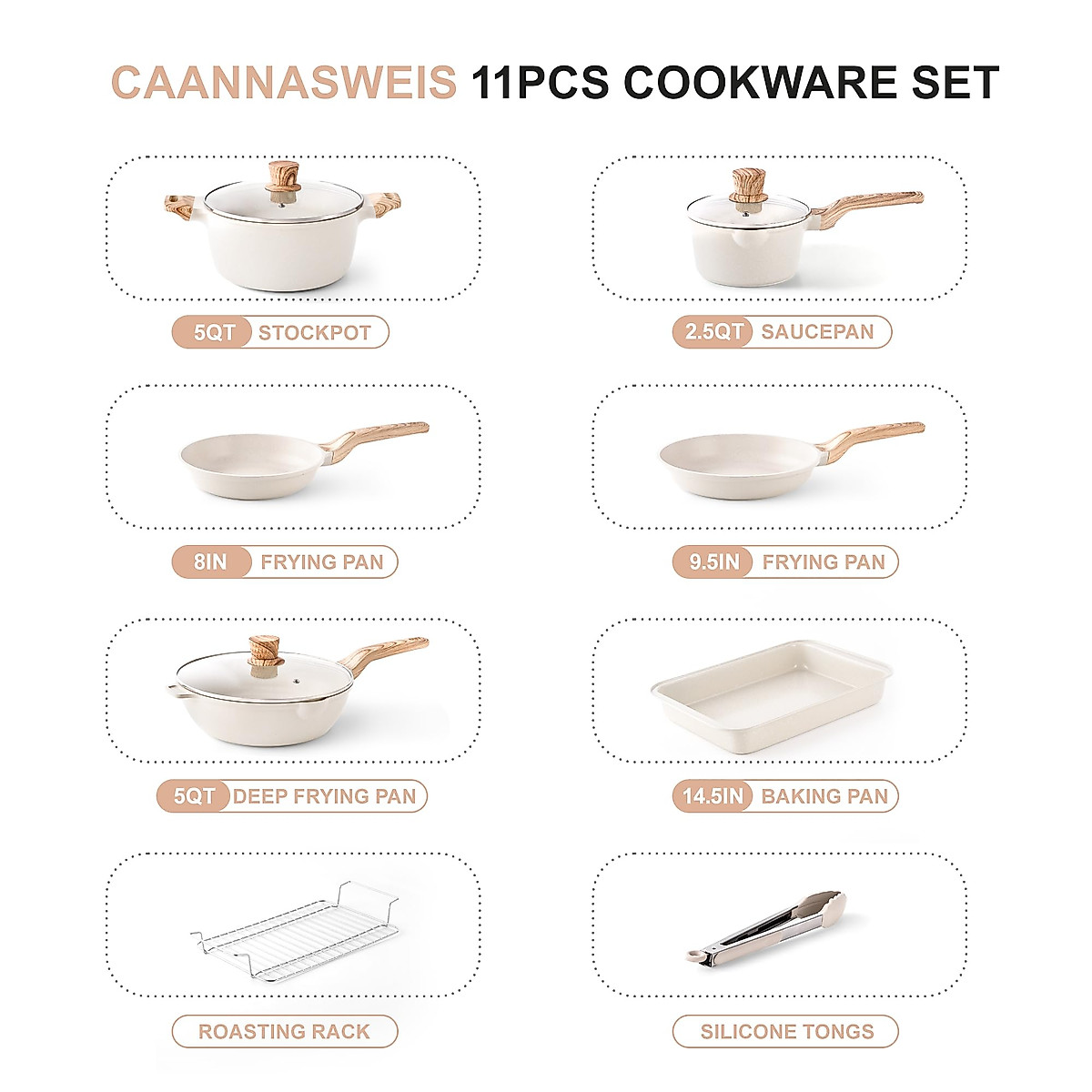 Pots and Pans Set - Caannasweis Nonstick Granite Stone Cookware Sets, Induction Frying Pans for Cooking, PFOS PFOA Free, Baking or Roasting Gray