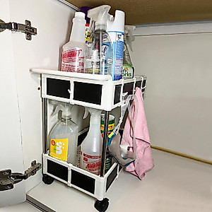 NUNET Under Sink Organizer w. Locking Casters & Handle 2/3/4 Tier Adjustable Small Rolling Cart Cabinet Storage Large Capacity Moving Cart w. Wheels for Kitchen, Bathroom, Countertop (2 Pack 2 Tier)