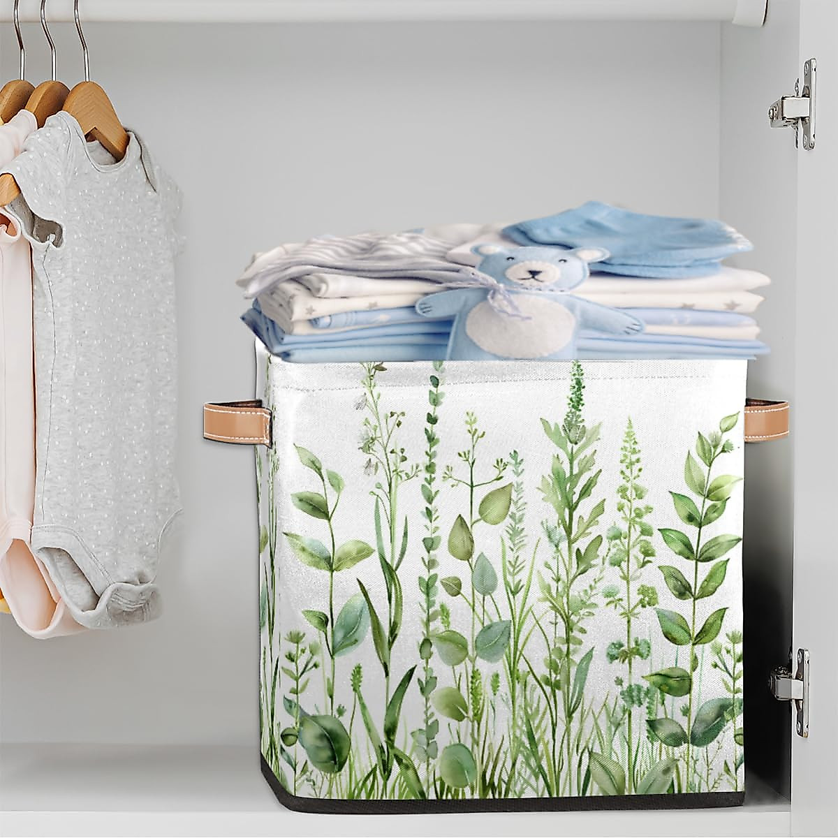 Tablerazzi Sage Green Leaves Cube Storage Bin, 13 Inch Collapsible Fabric Storage Cube Bin, Spring Eucalyptus Foldable Cube Baskets for Shelf, Closet, Organizer