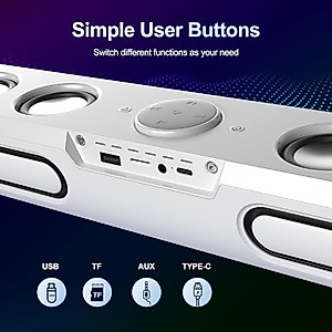 Computer Speakers, Bluetooth Computer Soundbar, 3.5mm Aux-in Computer Speakers for Desktop Monitor, Computer Sound Bar with Deep Impactful Bass, Gaming Speakers for PC