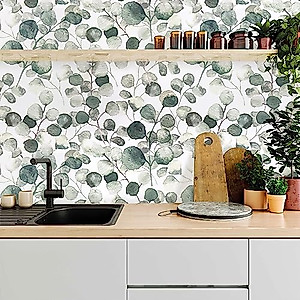 Nukofal Leaf Wallpaper Peel and Stick Wallpaper Floral Contact Paper 17.7 inch x 118.1 inch Eucalyptus Wallpaper Floral Wallpaper for Bathroom Floral Peel and Stick Vinyl Wallpaper Removable Wallpaper