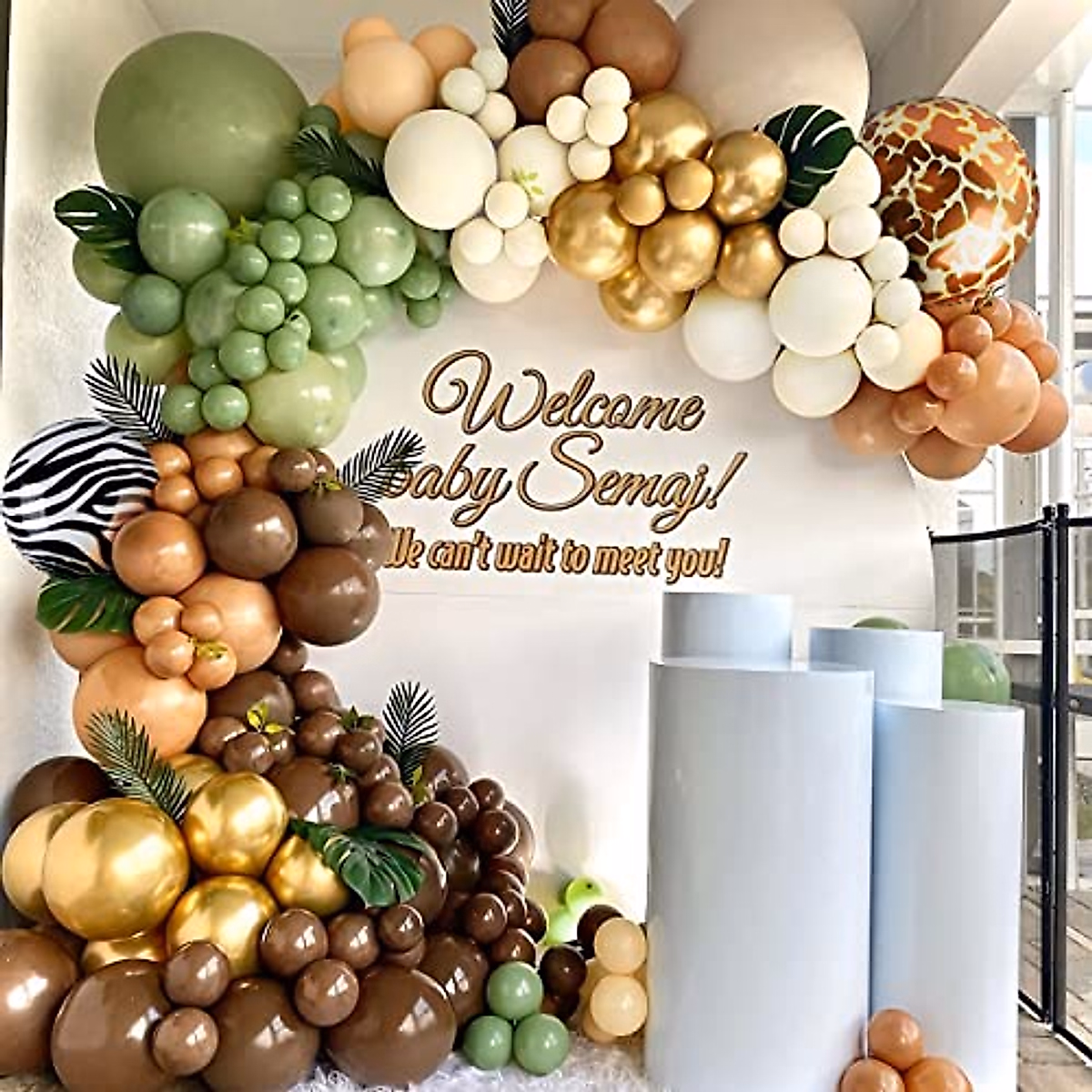 134Pcs Safari Jungle Balloon Garland Arch Kit- Sage Olive Green and Brown Balloons for Wild One Dinosaur Theme Party Supplies with Animal Print and Metallic Gold Ivory Tan Balloons for Boy Girl Lion King First Bithday Woodland Baby Shower Wedding Graduati