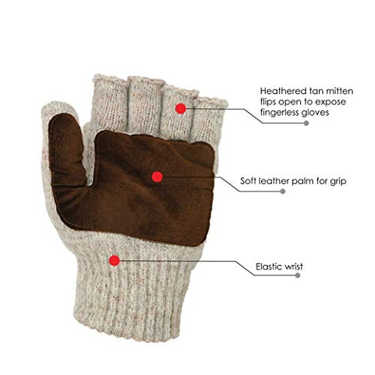 Illinois Glove Company 360L Rag Wool Glomitt Flip Mitten 3M Thinsulate Lined Soft Leather Grip Palm L Tan, Soft Leather Palm for Grip, Elastic Wrist, Mitten Flips Open to Expose Fingerless Gloves