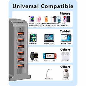 VPSUN USB Charger 6 Port 50W Multi USB Tower Charging Station for Multiple Devices iPhone 15/14/14 Pro/14 Pro Max/13 Pro/13 Pro Max/Android/Samsung/Tablet,etc (Gray, 50W)