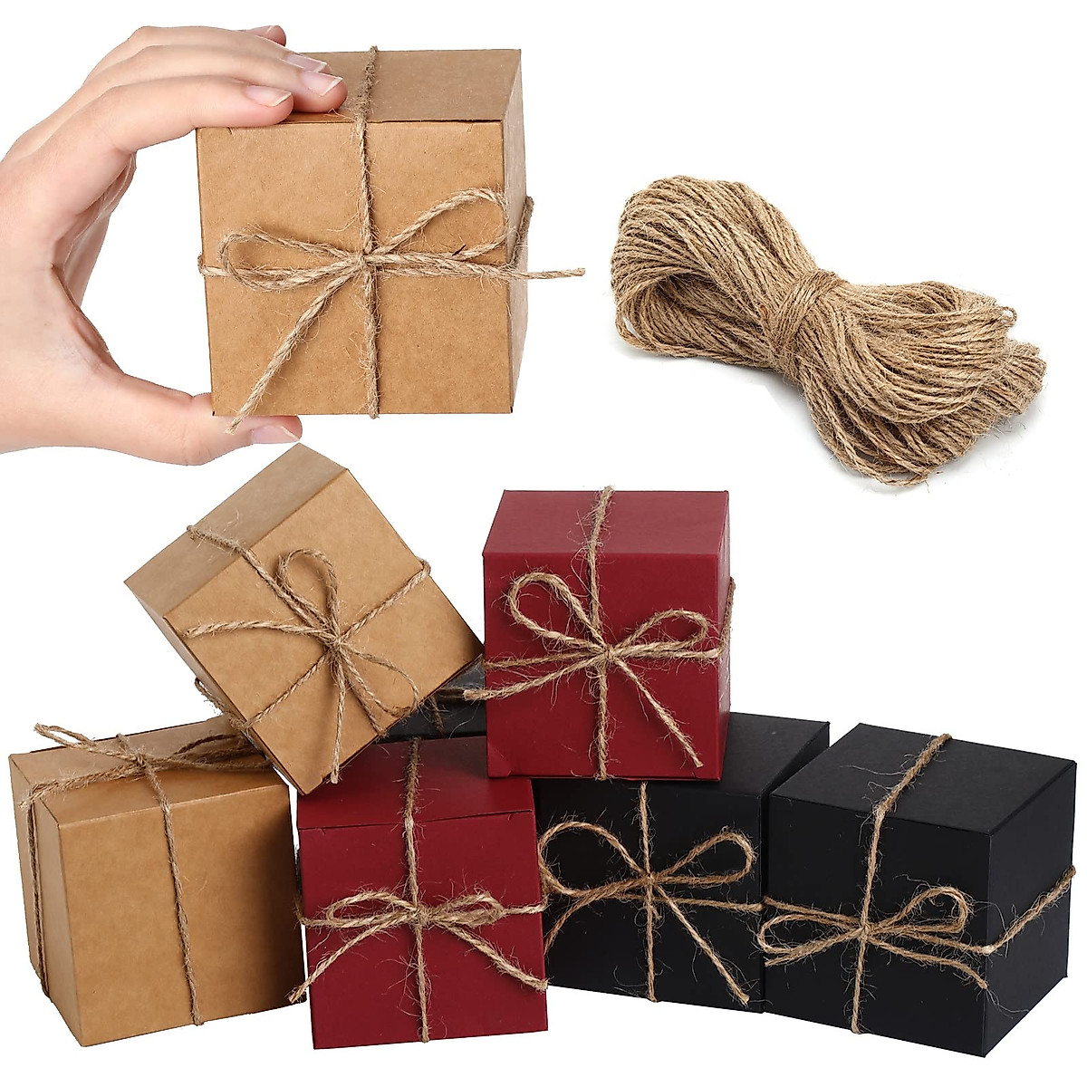 Spiareal 60 Pcs Small Gift Boxes 3 x Inches Christmas with Twine Candle Packaging Square Kraft for Xmas Gifts Wedding Birthday Bridesmaid Proposal Party Favors, Brown Red Black