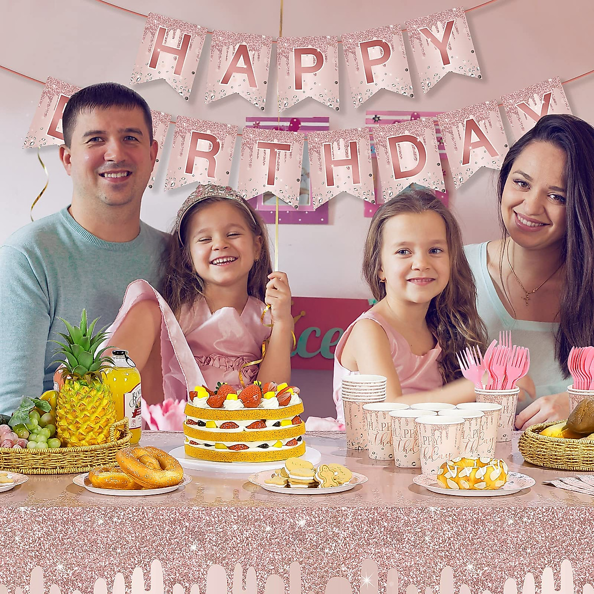 Roshtia 171 Pcs Pink Rose Gold Birthday Party Supplies Pink Birthday Tableware Set Rose Gold Party Plates and Napkin Tablecloths with Banner and Forks Knives Spoons Serve 24 Guest